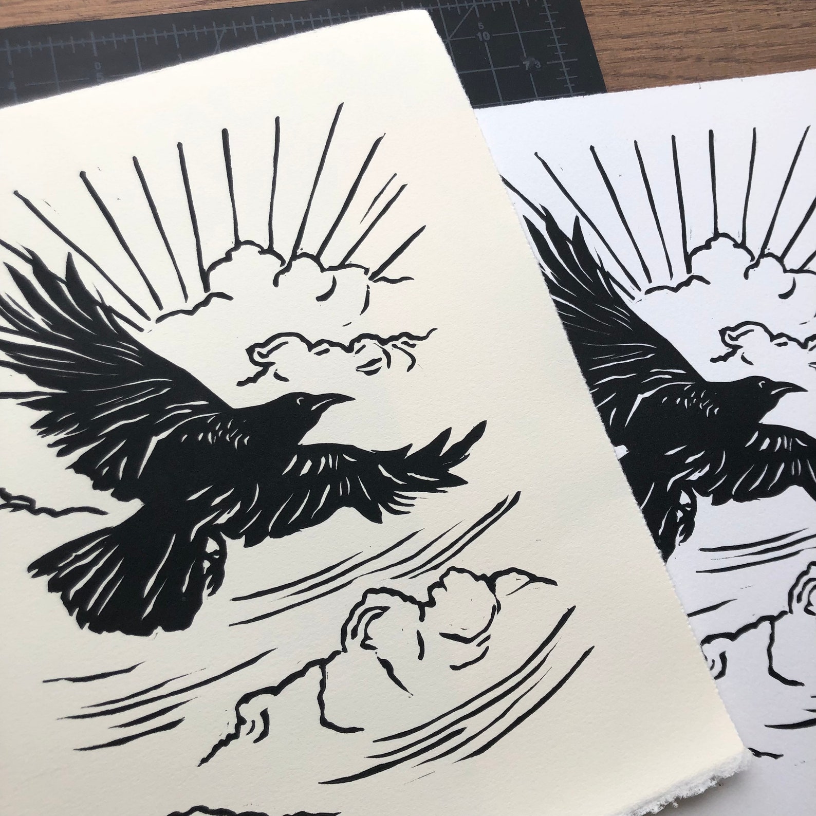 Raven Bird Linocut Block Print Handmade Cute Southwestern - Etsy