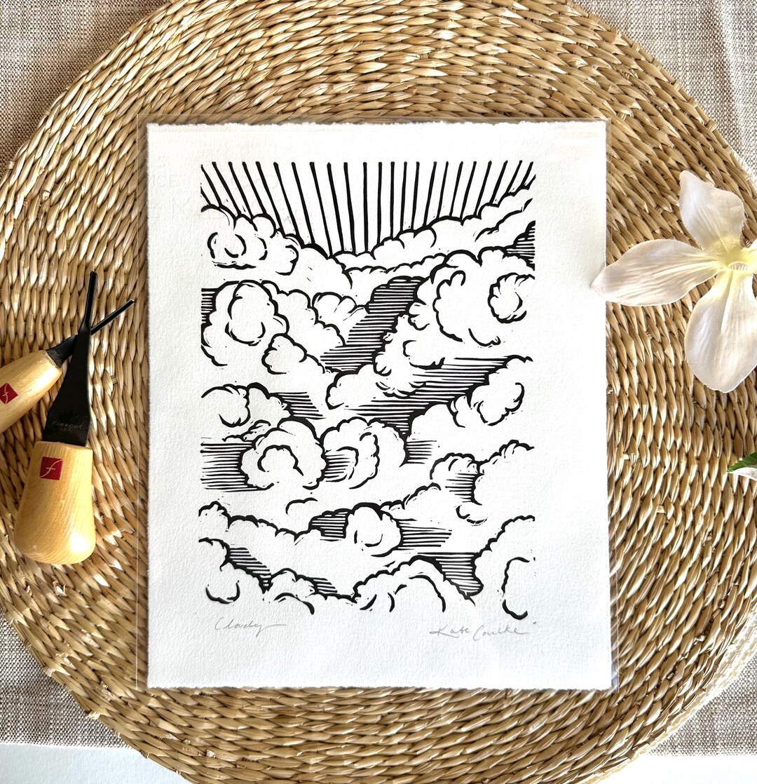 Cloud Art Print, Original Linocut Block Print, Handmade Landscape Art ...