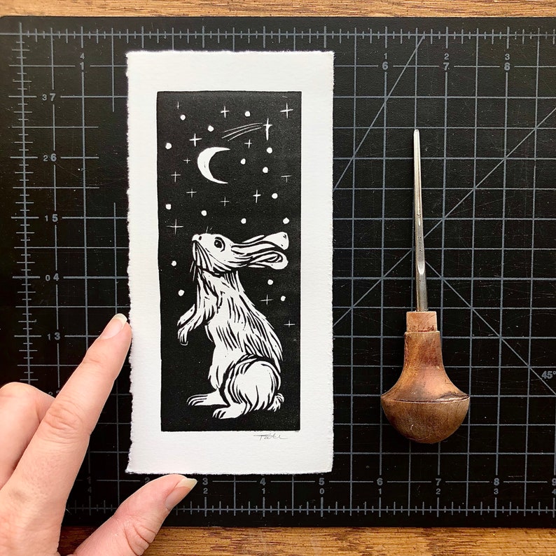 Rabbit Linocut, Mini Print, Block Print Handmade Handprinted ...