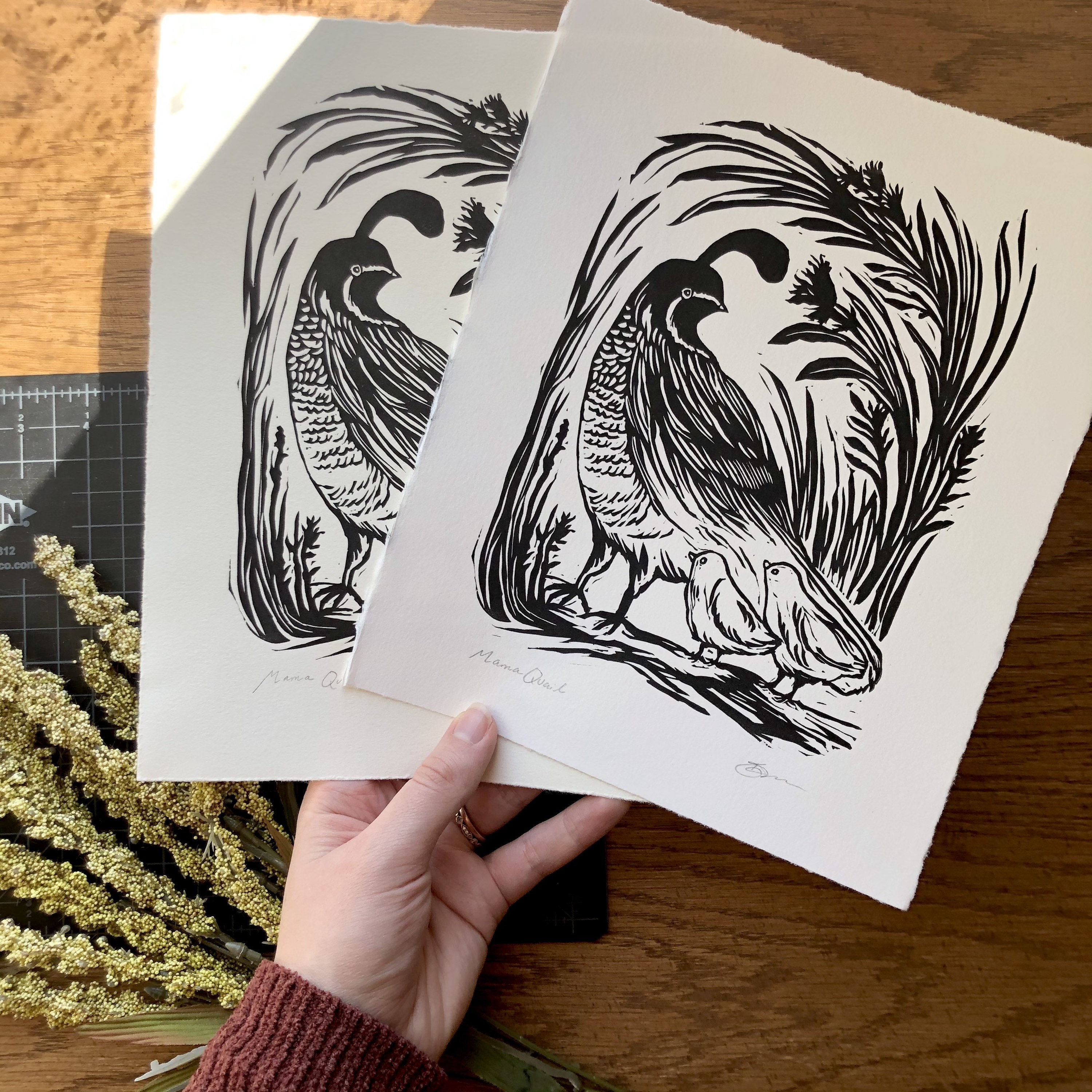 Mama Quail Bird Linocut Block Print Gift for Mom Handmade | Etsy