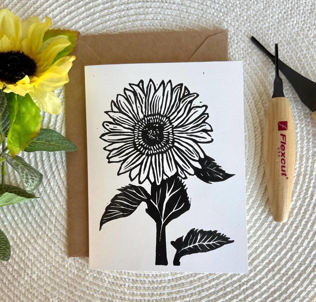 Sunflower Original Linocut Block Handprinted Greeting Card Flower Art ...