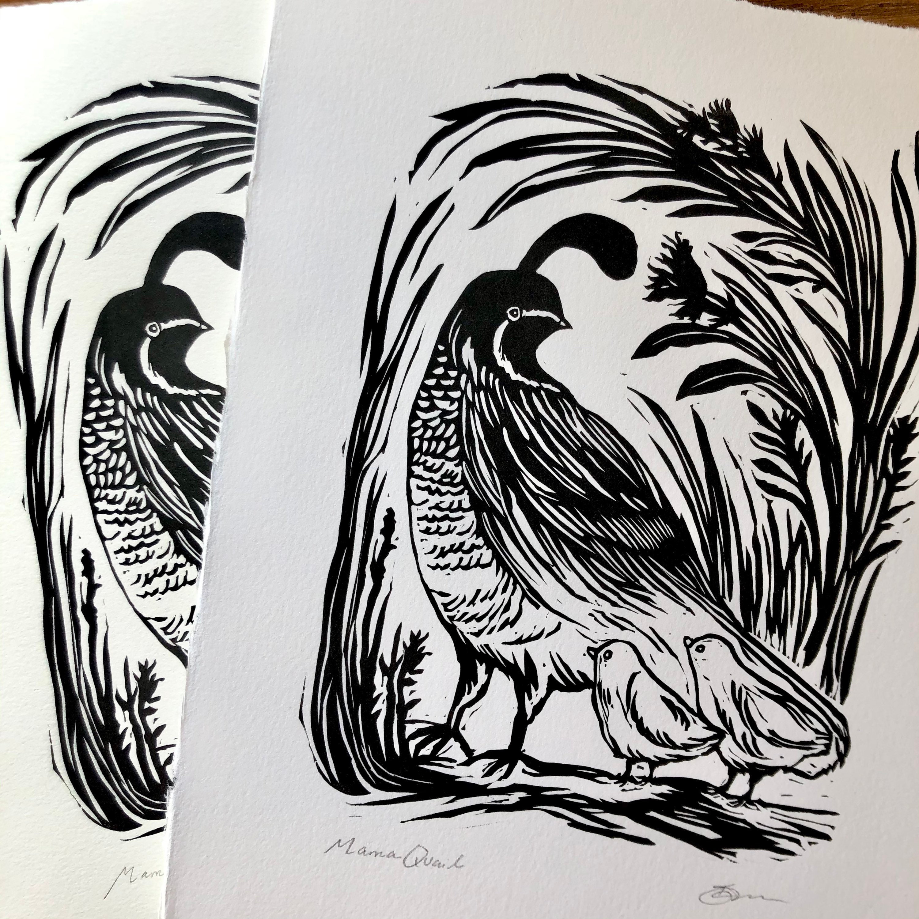 Mama Quail Bird Linocut Block Print Gift for Mom Handmade | Etsy