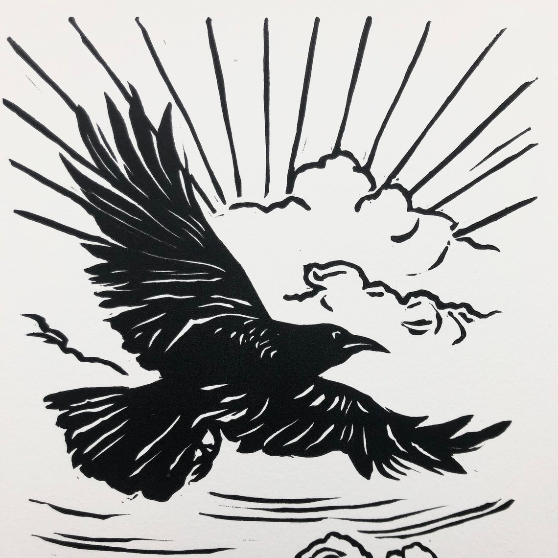 Raven Bird Linocut Block Print Handmade Cute Southwestern | Etsy