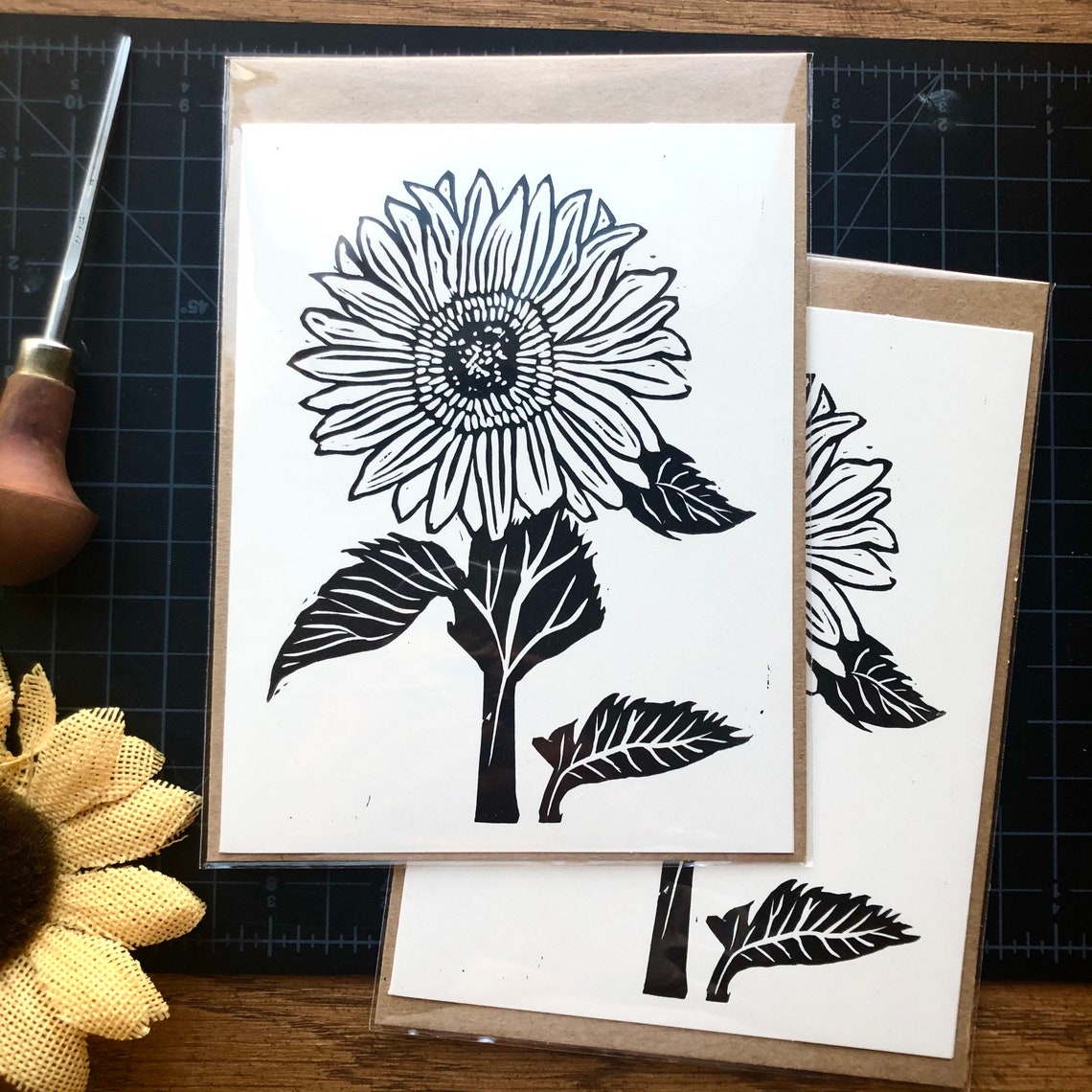 Sunflower Original Linocut Block Handprinted Greeting Card | Etsy
