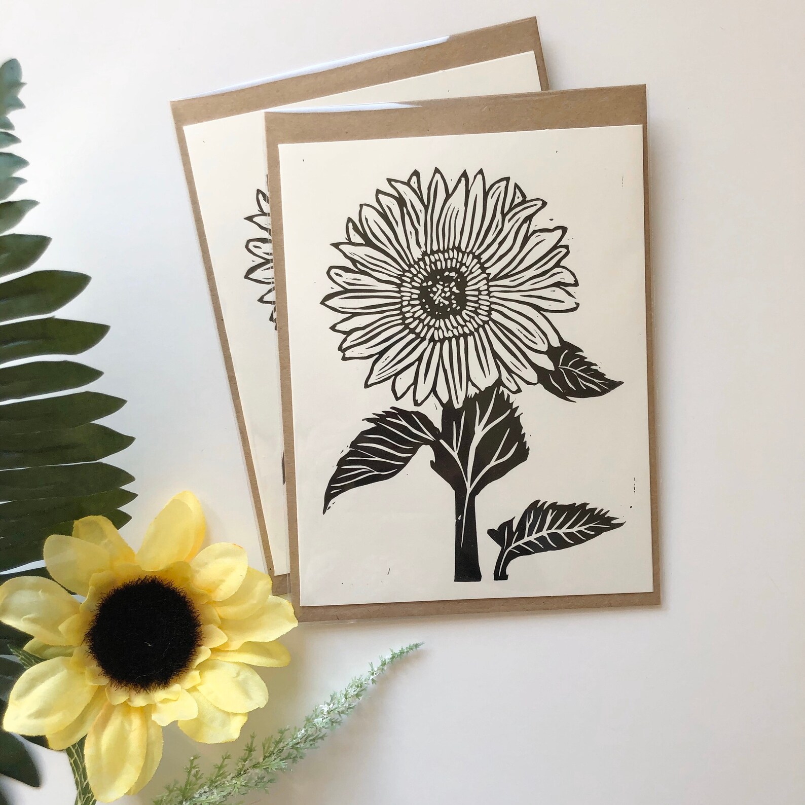 Sunflower Original Linocut Block Handprinted Greeting Card Flower Art ...