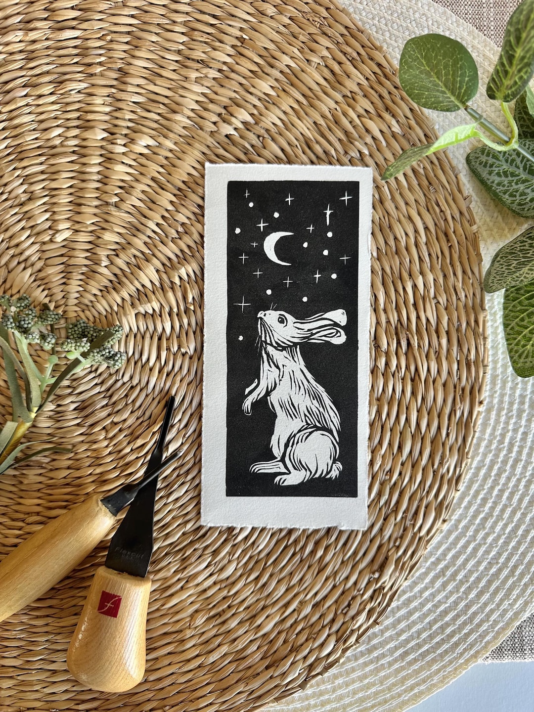 Rabbit Linocut, Mini Print, Block Print Handmade Handprinted ...