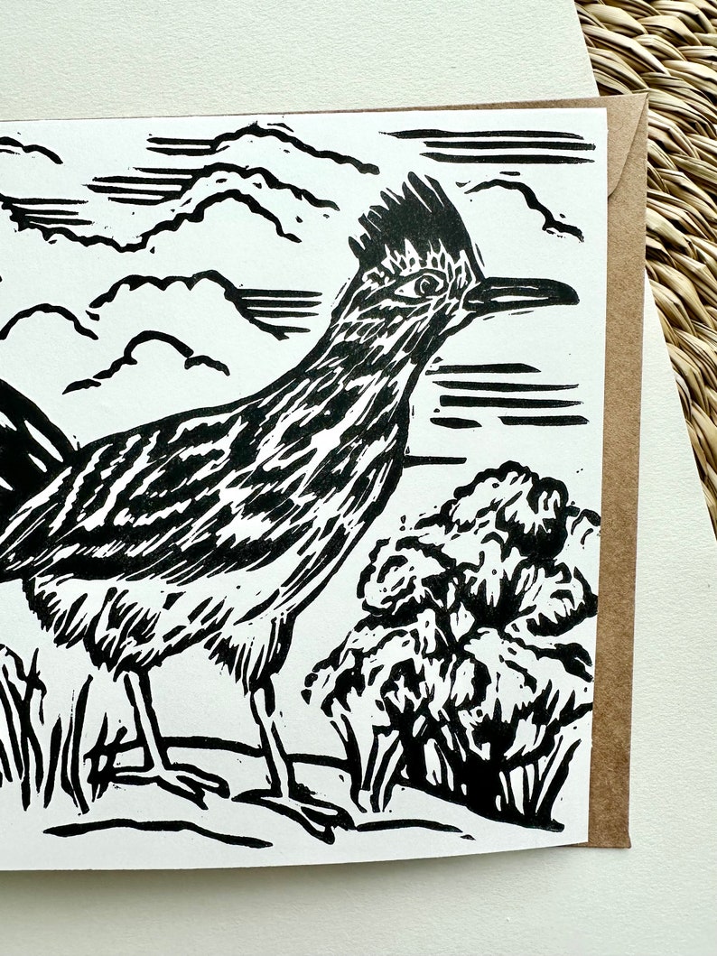 Roadrunner Greeting Card, New Mexico Card, Animal Linocut Print, Block ...