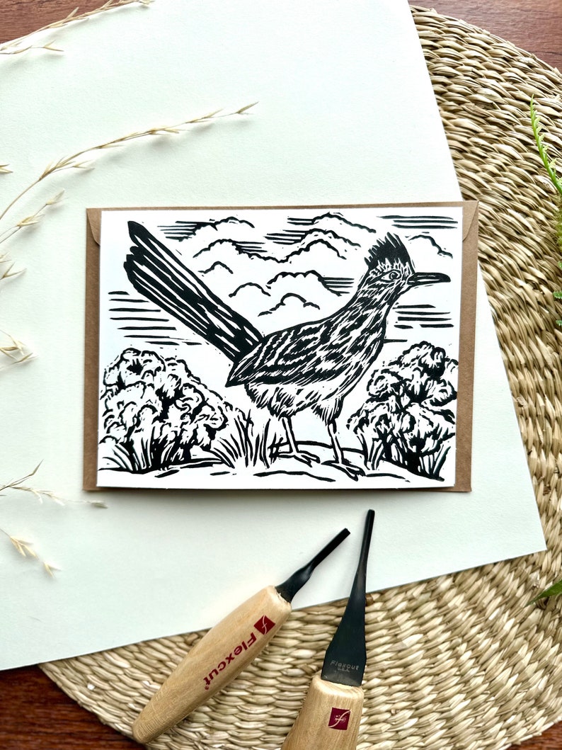 Roadrunner Greeting Card, New Mexico Card, Animal Linocut Print, Block ...
