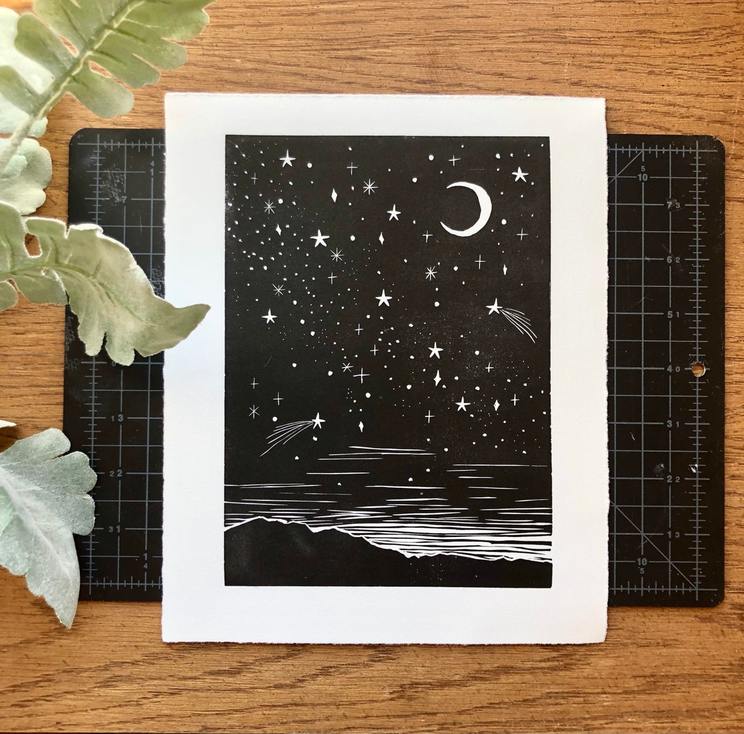 Night Sky Star Art Print, Original Linocut Block Print, Handmade ...
