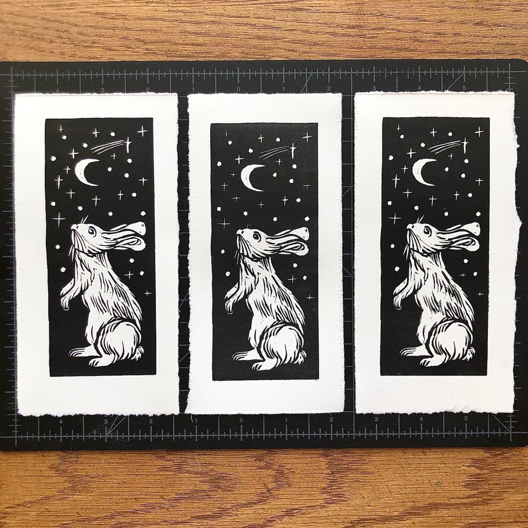 Rabbit Linocut, Mini Print, Block Print Handmade Handprinted ...