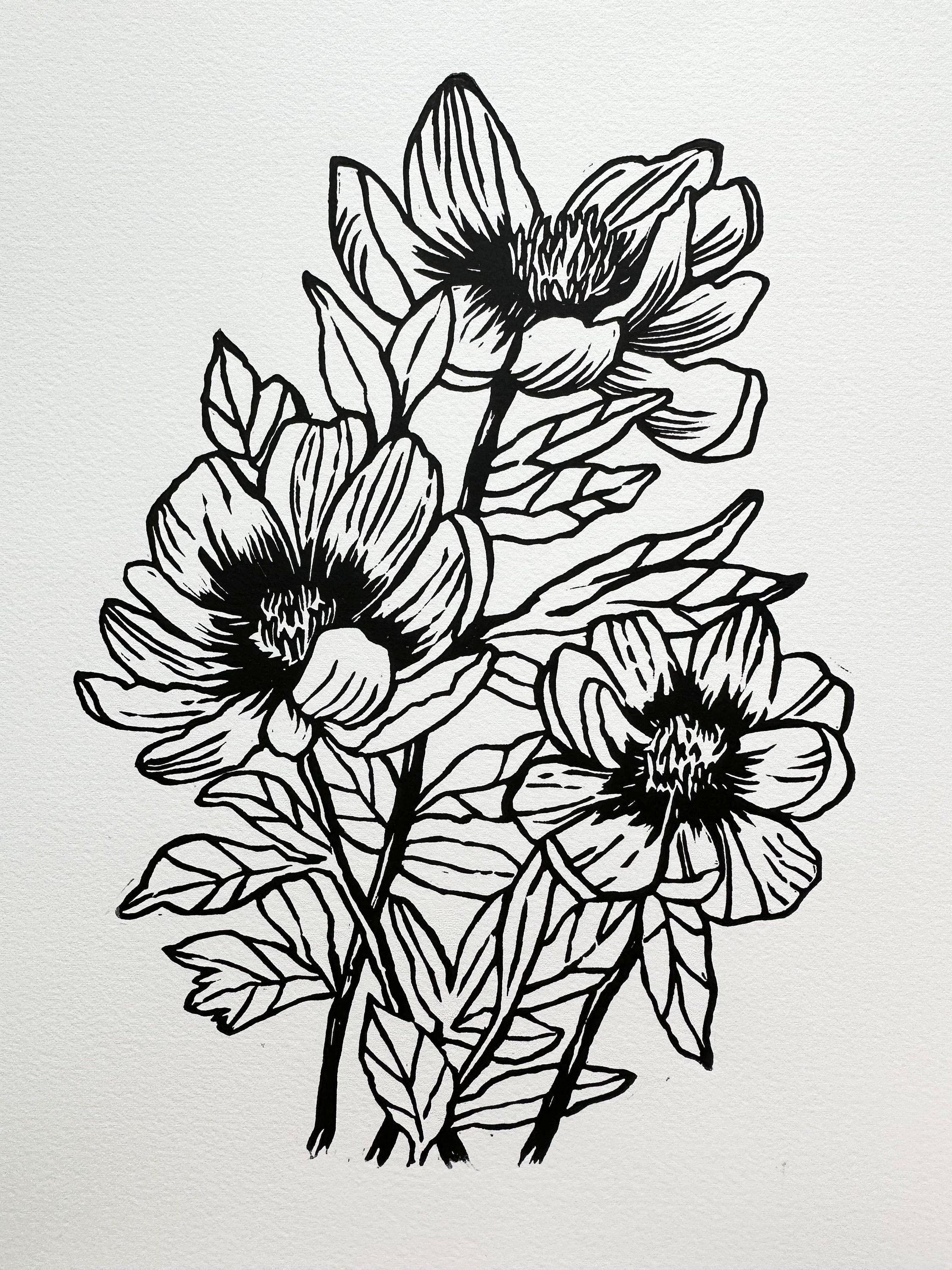 Flower Original Linocut, Block Print Handmade Wall Art, Gift for Her ...