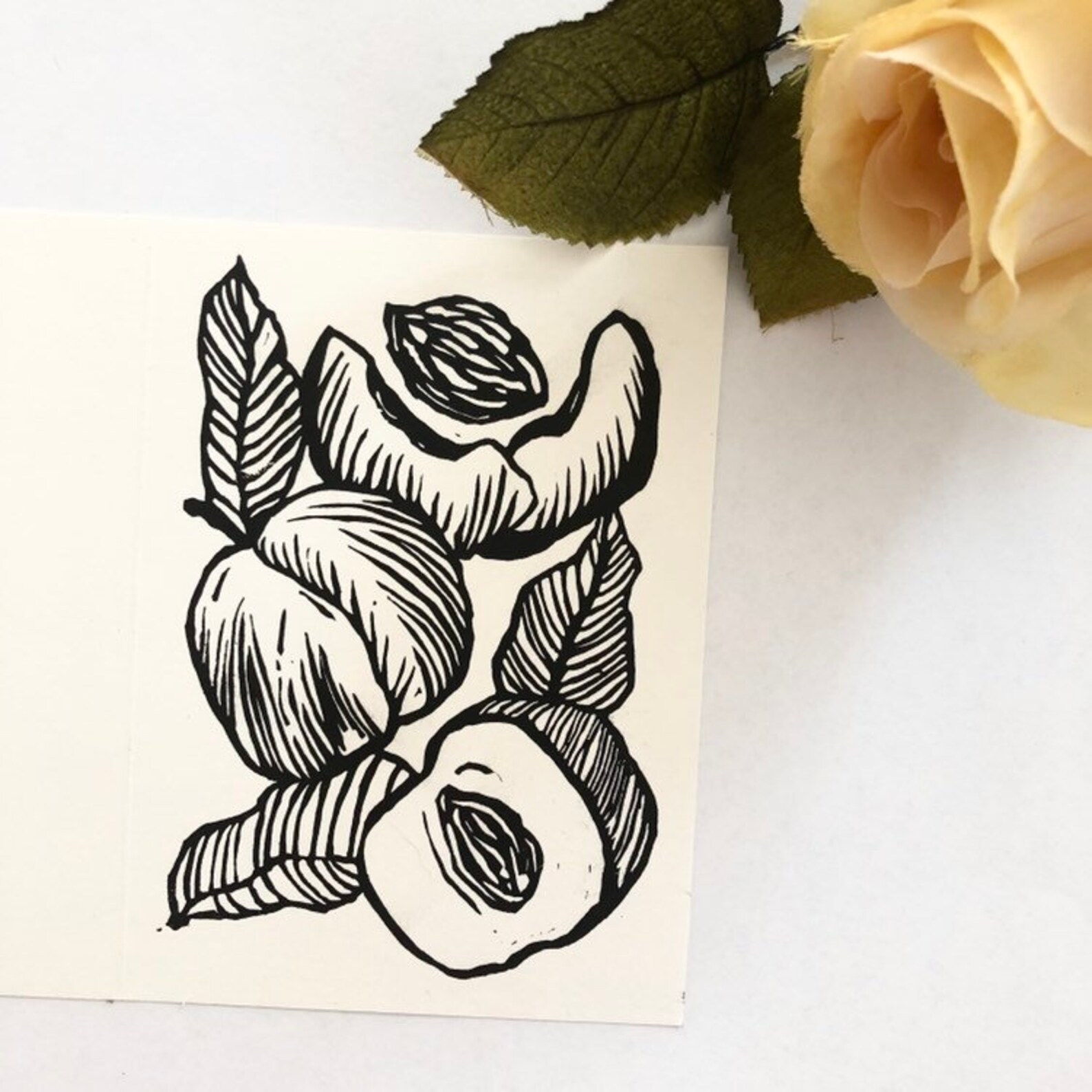 Peach Fruit Linocut Block Print Greeting Card Original Cute | Etsy