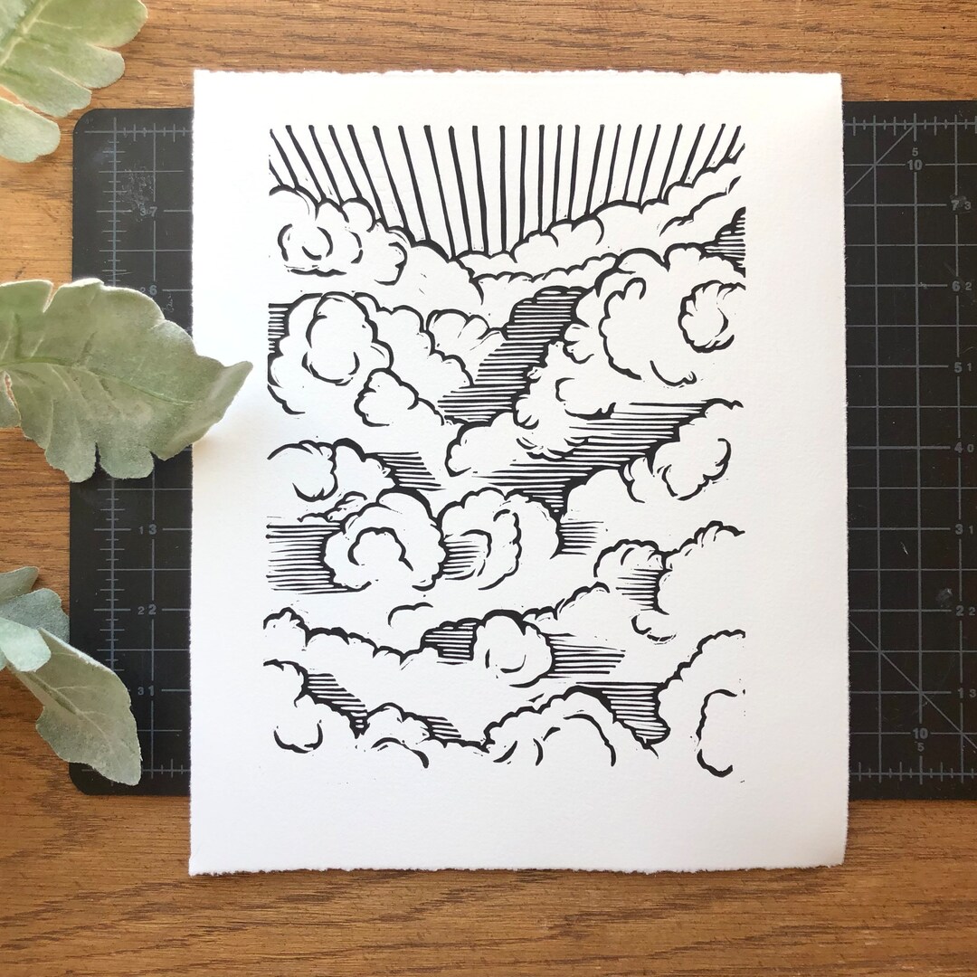 Cloud Art Print, Original Linocut Block Print, Handmade Landscape Art ...