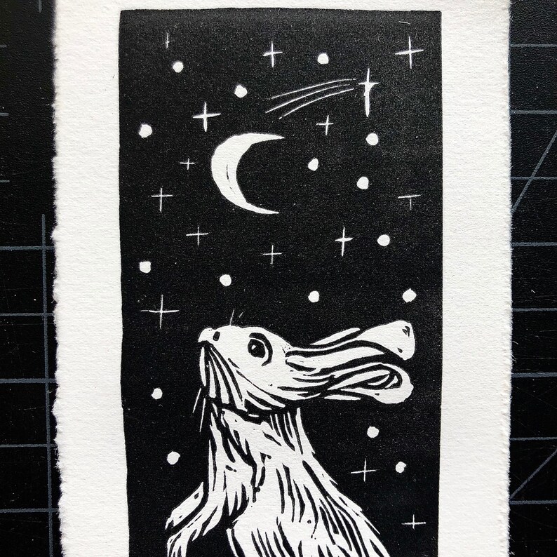 Rabbit Linocut, Mini Print, Block Print Handmade Handprinted ...