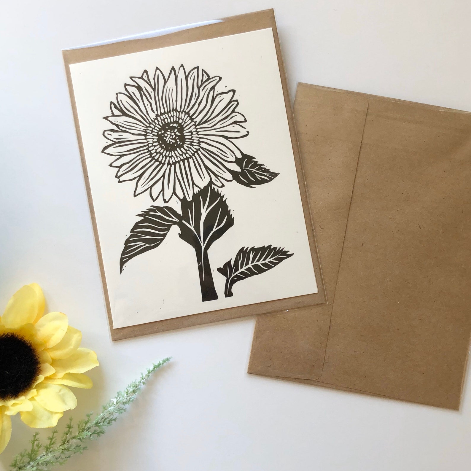 Sunflower Original Linocut Block Handprinted Greeting Card Flower Art ...