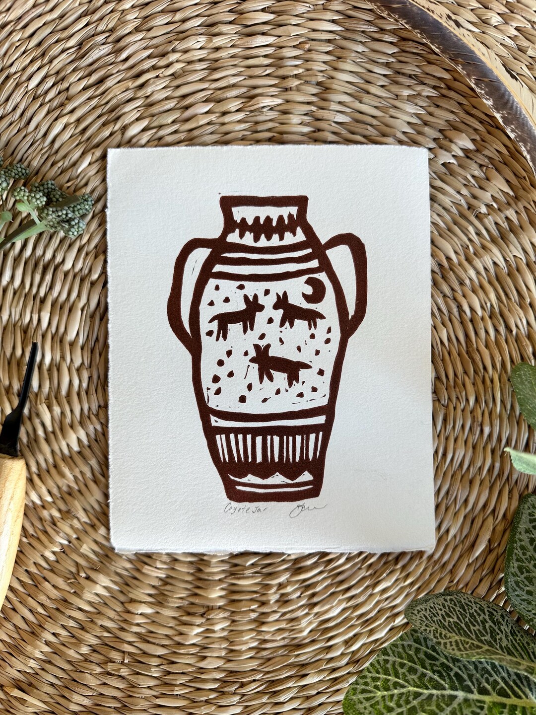 Mini Linocut, Coyote Art, Block Print Handmade Southwestern Mini Print ...
