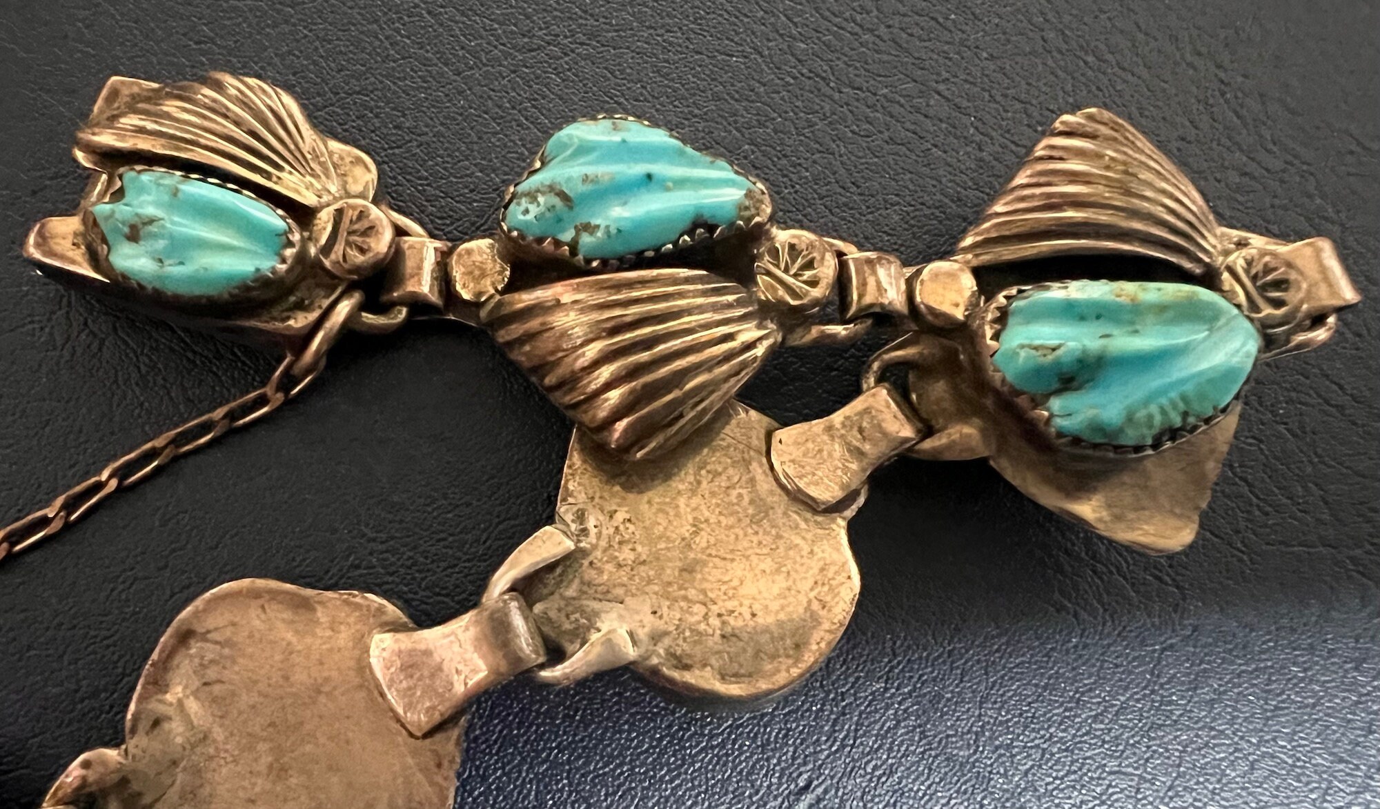 Zuni Cochiti Ben Eustace Signed Carved Natural Turquoise Linked Sterling Silver Bracelet 7-1/4 ...