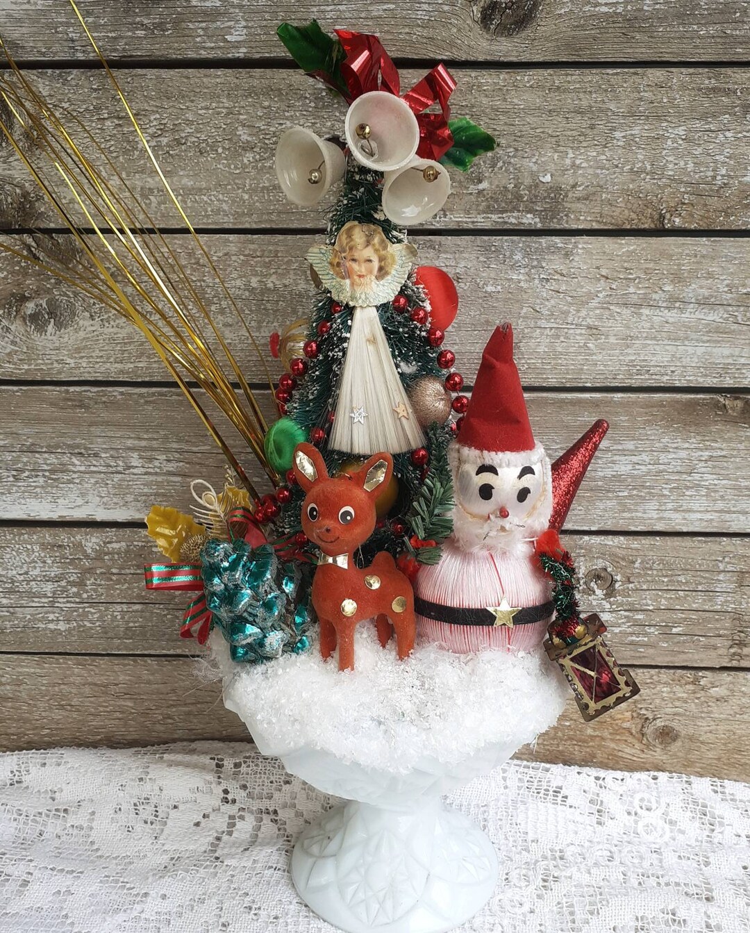 Vintage Christmas Tree Tabletop Arrangement Centerpiece in Milk Glass ...