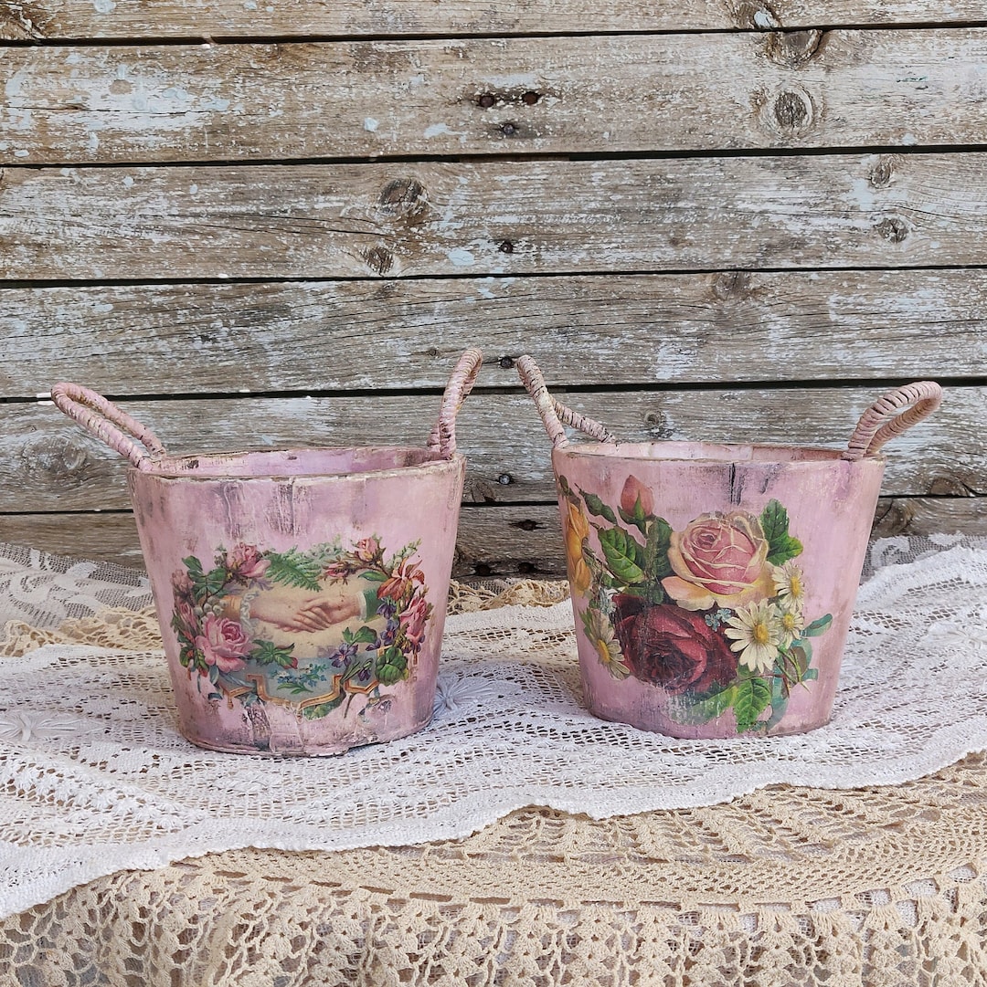 Pink Shabby Baskets, Small Storage Romantic Baskets, Vintage Wooden ...