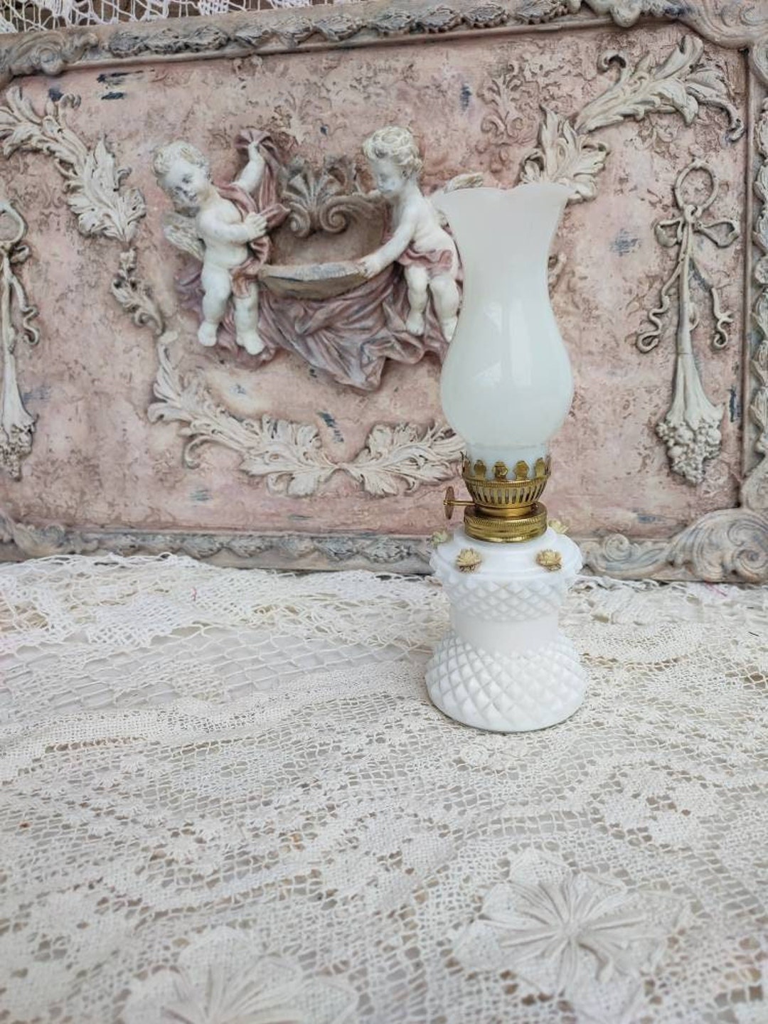 Vintage White Milk Glass Miniature Oil Lamp, Milk Glass Diamond Hobs ...