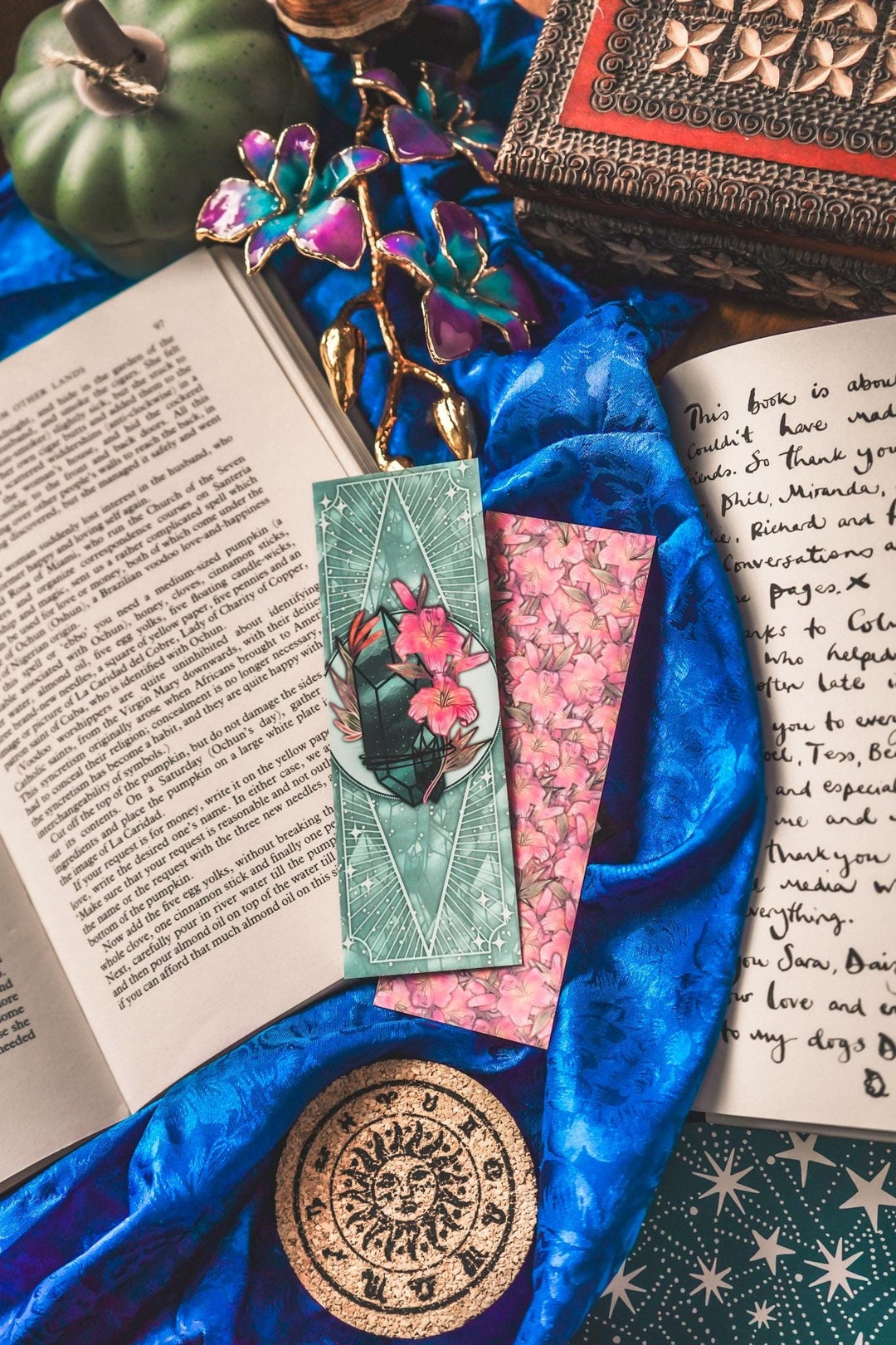 Bookmark: Emerald Stone With Lily Flower, Witchy Bookmark, Crystal ...