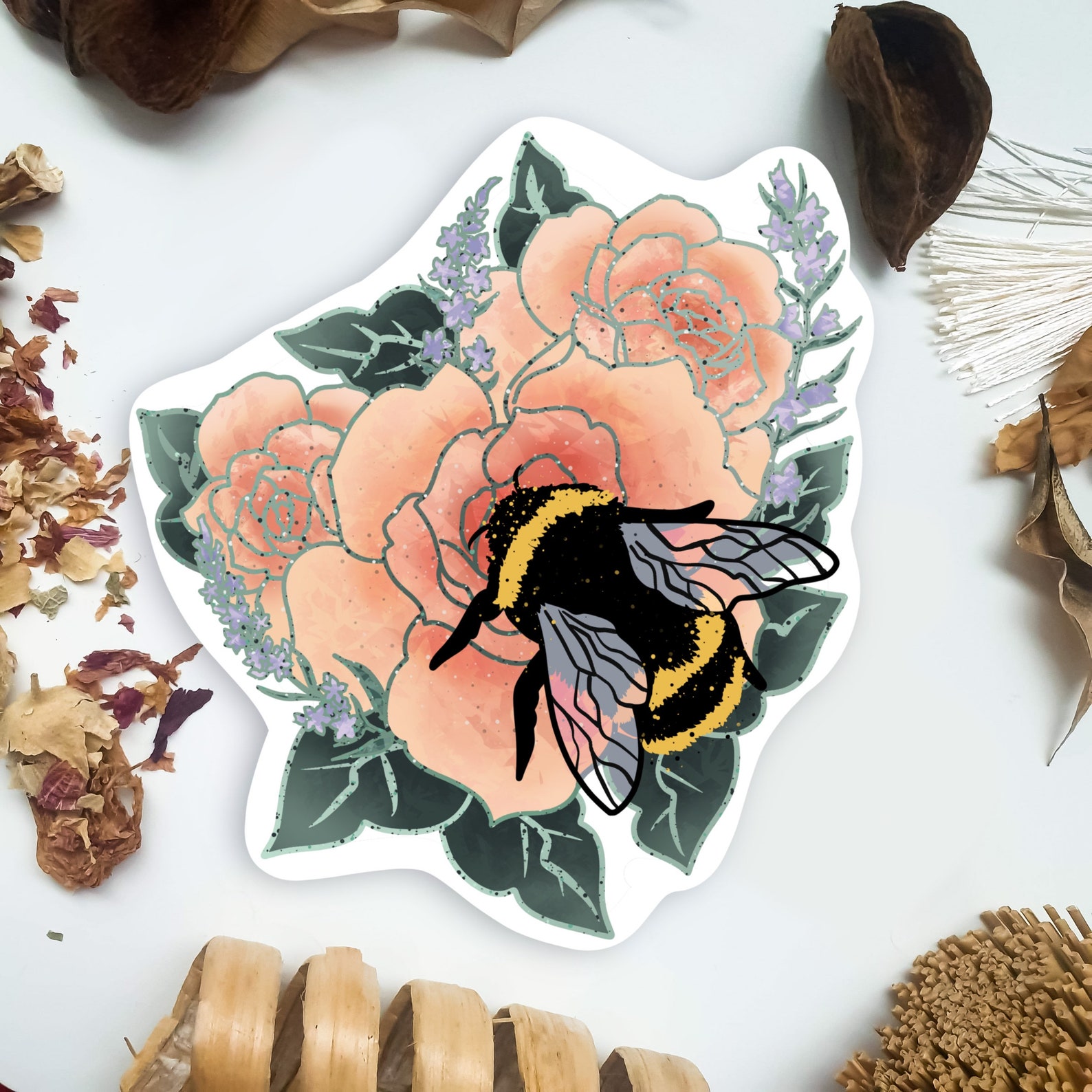Bumblebee Flower Sticker Bumblebee Rose and Lavender Sticker - Etsy