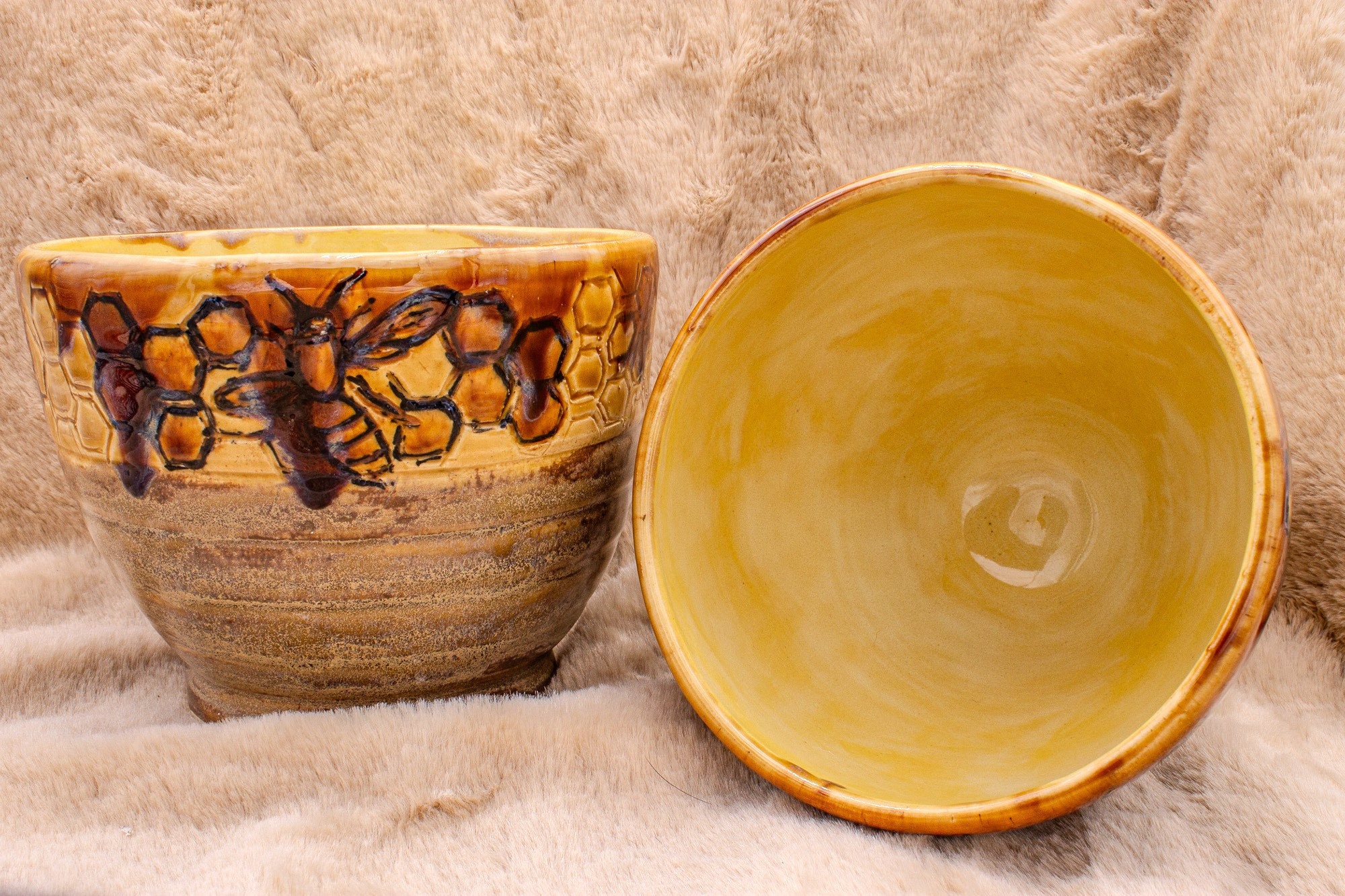 Beehive Bee Honeycomb Handmade Bowl With Amber and Rim Drip - Etsy