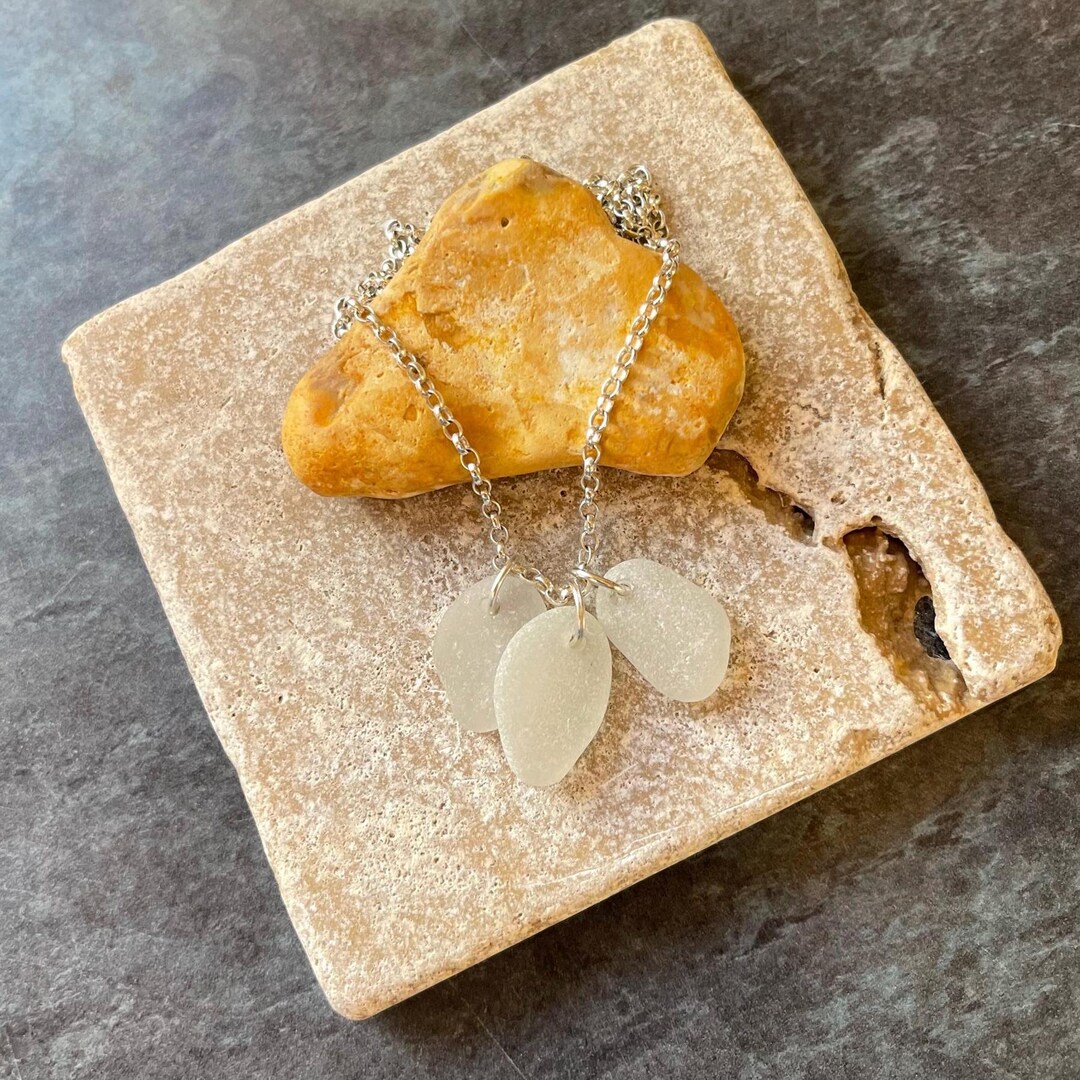 Winter White. Trio. Genuine English Sea Glass on Sterling Silver Statement Necklace. Guaranteed ...