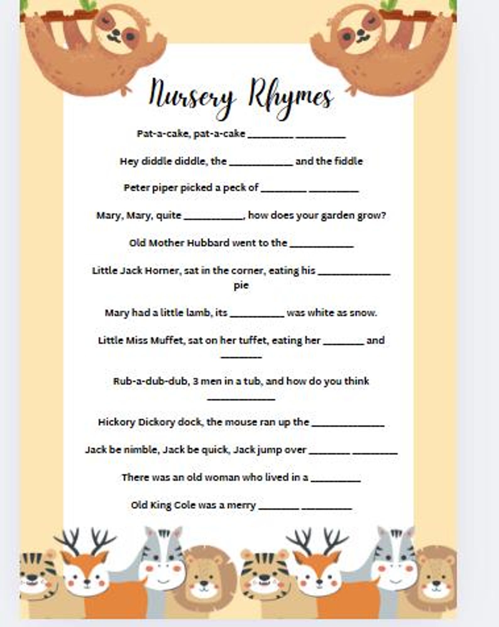 Nursery Rhyme Baby Shower Game (editable Template) - Etsy