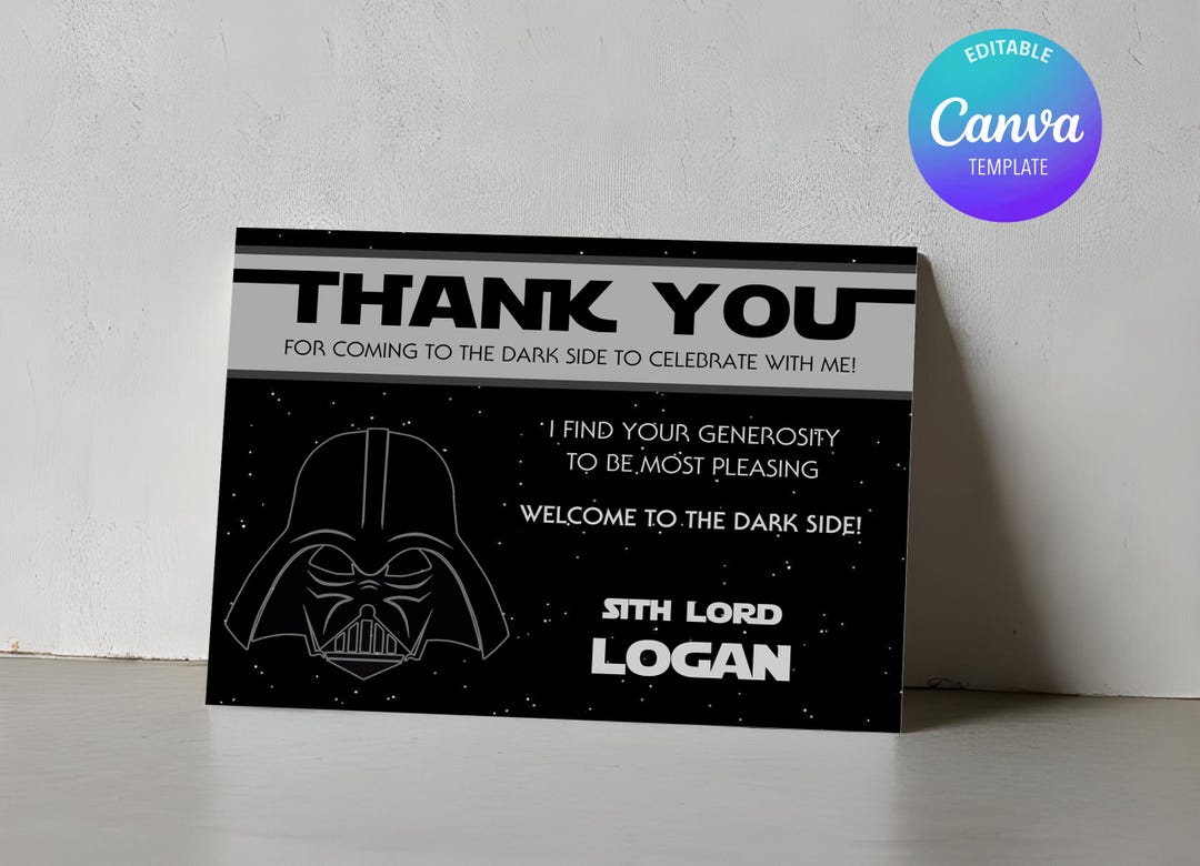 Darth Vader Thank You Card - Personalized Star Wars Party (digital) - Etsy