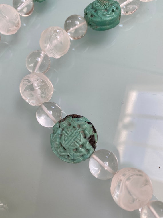 Carved turquoise and quartz necklace with carved glas… - Gem