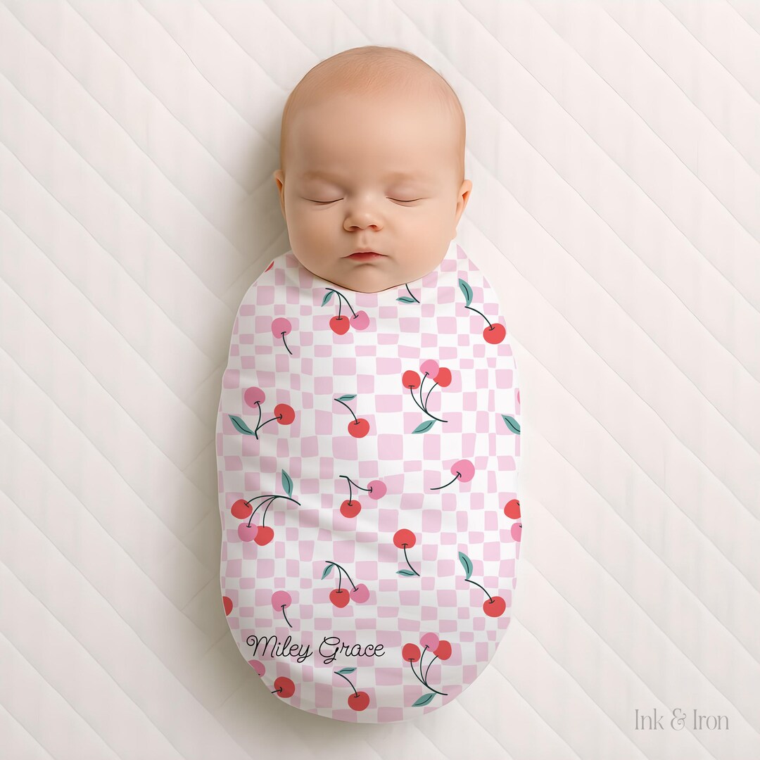 Personalized Checkered Cherry Baby Swaddle: Custom Colorful Newborn ...