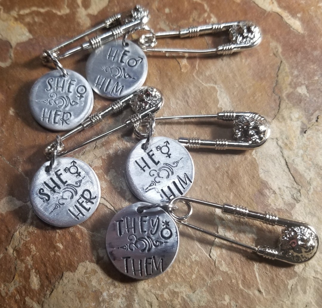 LGBTQ Lion Safety Pin With Hand Stamped Disc Pronouns He Him She Her ...