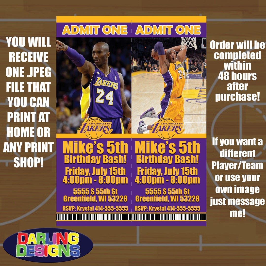 NBA Los Angeles Lakers Ticket Birthday Invitations High Quality 300 DPI ...