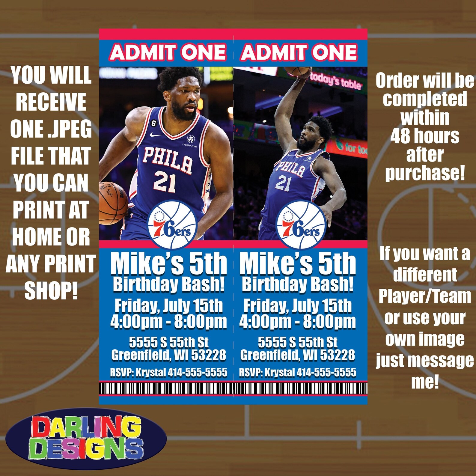 NBA Philadelphia 76ers Ticket Birthday Invitations High Quality 300 DPI ...