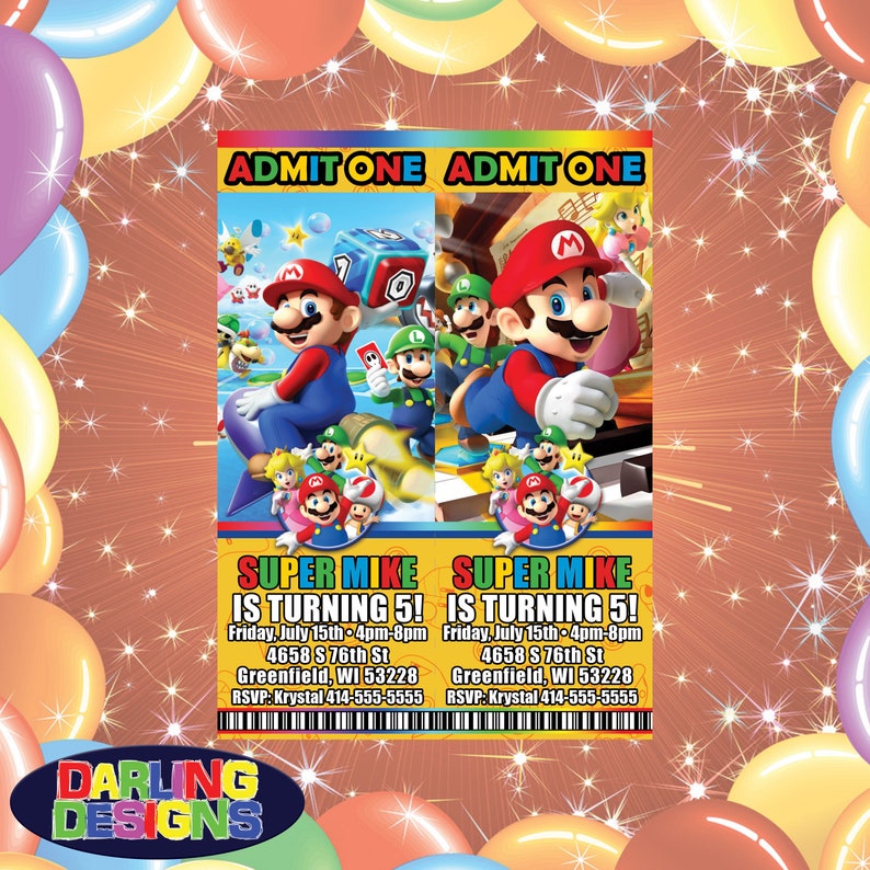 Super Mario Bros Ticket Birthday Invitations High Quality 300 DPI You ...