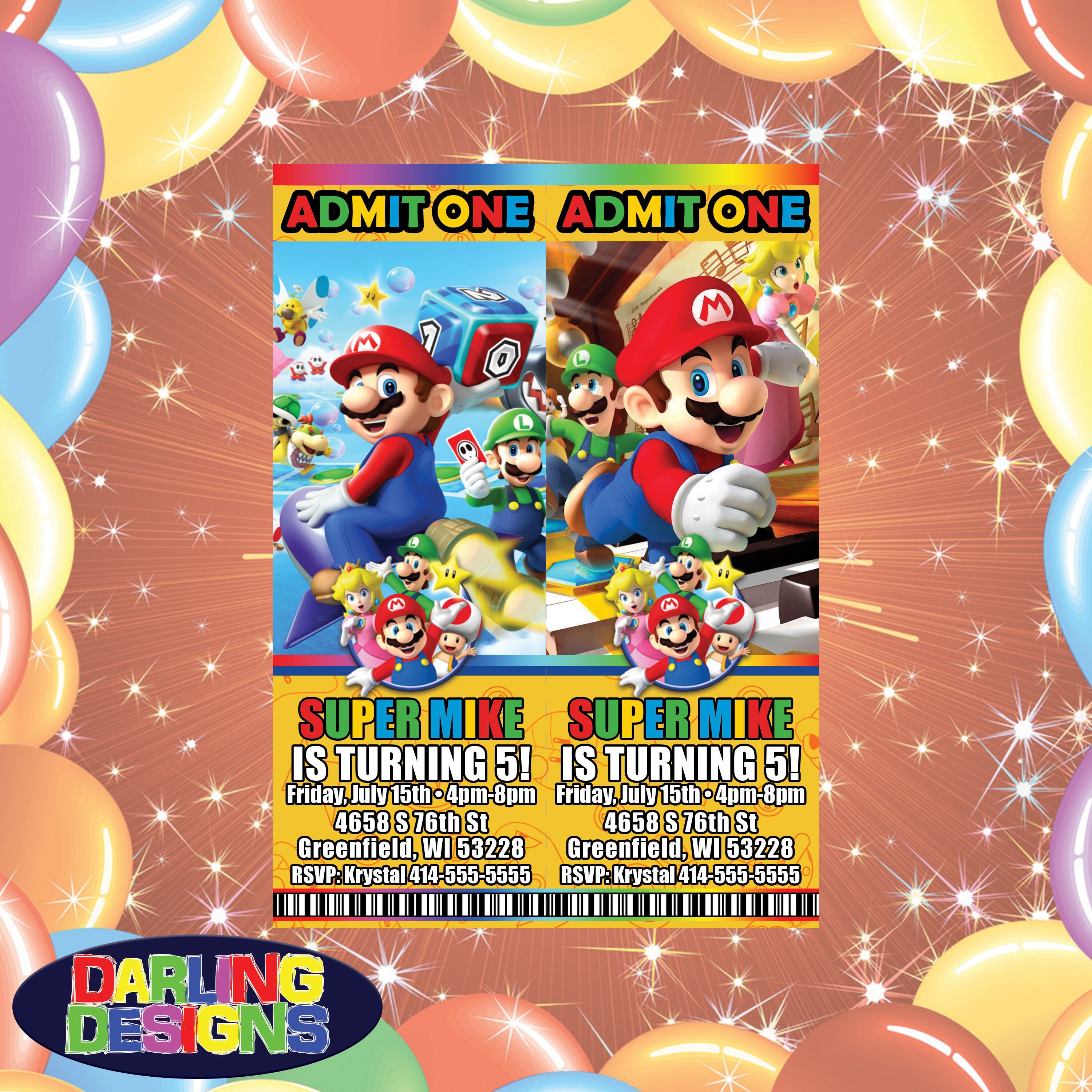 Super Mario Bros Ticket Birthday Invitations High Quality 300 DPI You ...