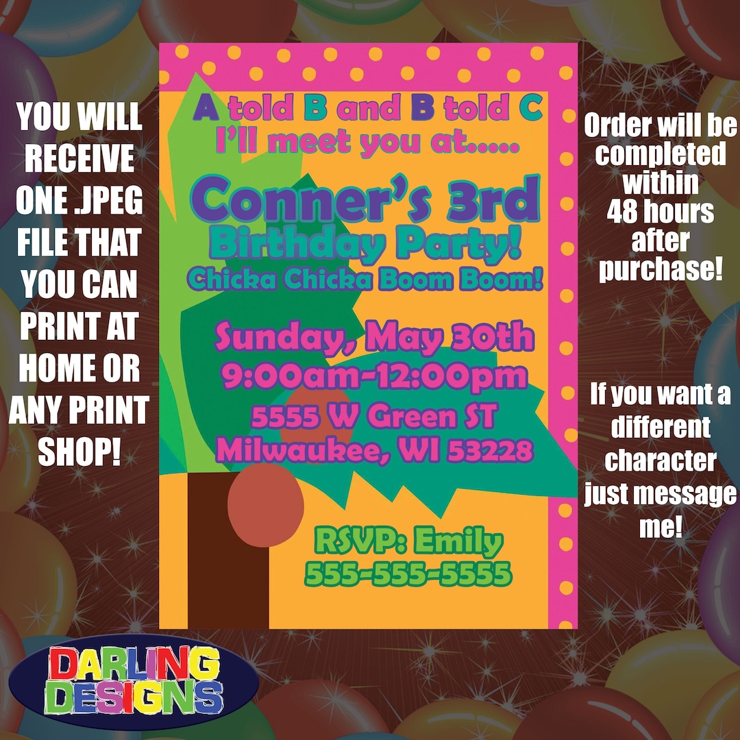 Chicka Chicka Boom Boom Birthday Invitations High Quality 300 DPI You ...
