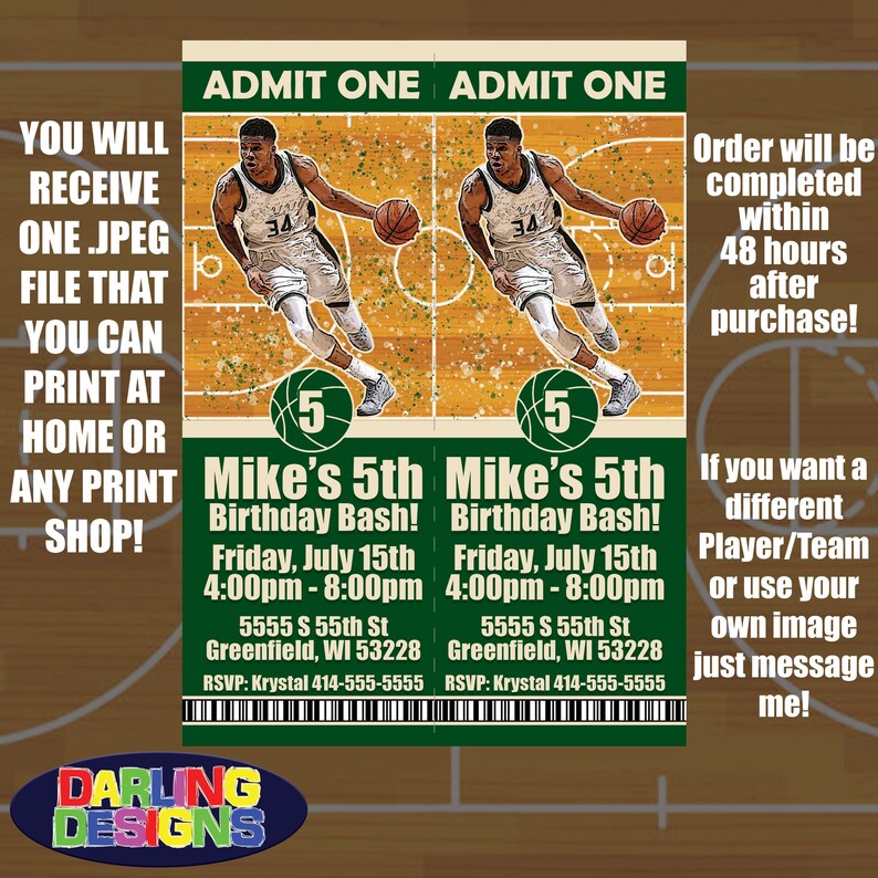 Milwaukee Bucks Ticket Birthday Invitations High Quality 300 DPI You ...