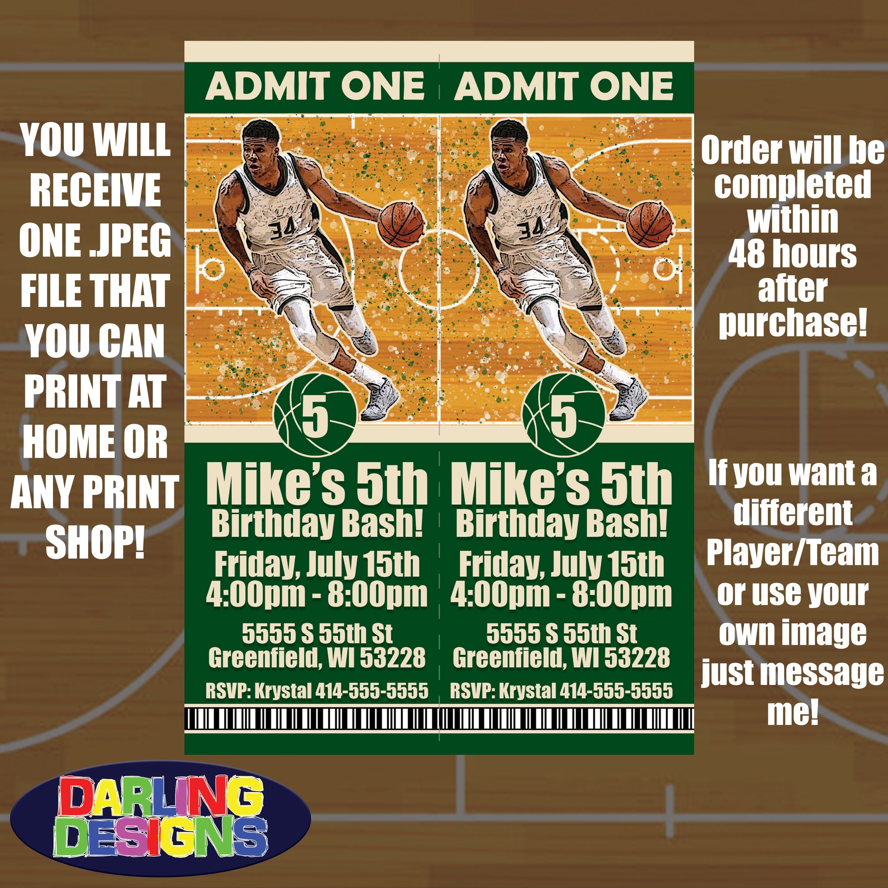 Milwaukee Bucks Ticket Birthday Invitations High Quality 300 DPI You ...