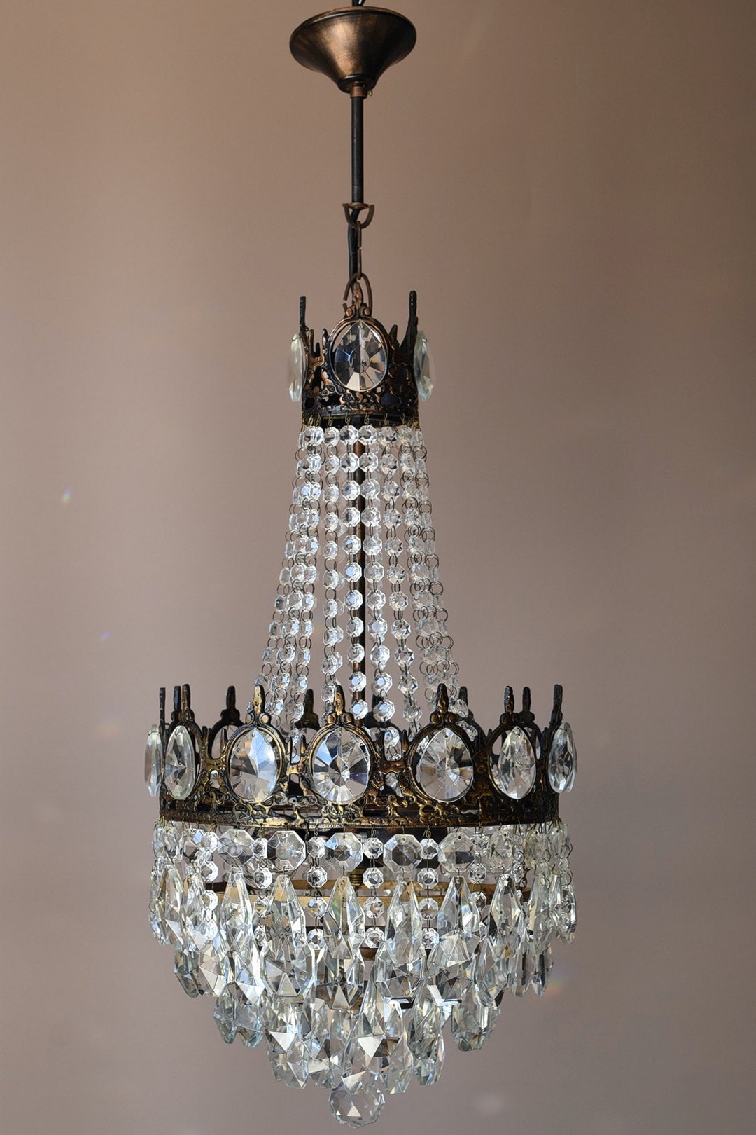 Antique Brass Vintage Crystal Chandelier: Mid-century French Style ...