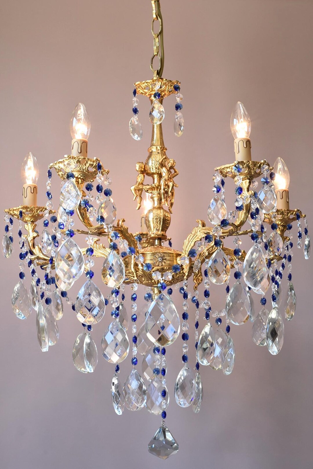 Blue Crystal Chandelier Antique Brass Pendant French Style Vintage ...