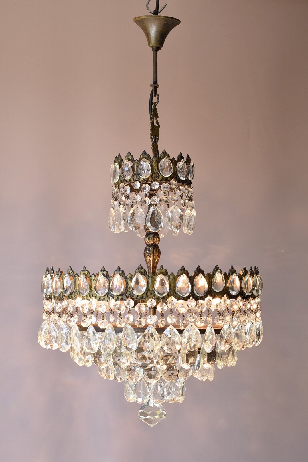 Antique French Style Vintage Crystal Chandelier, Ceiling Lamp, Brass ...