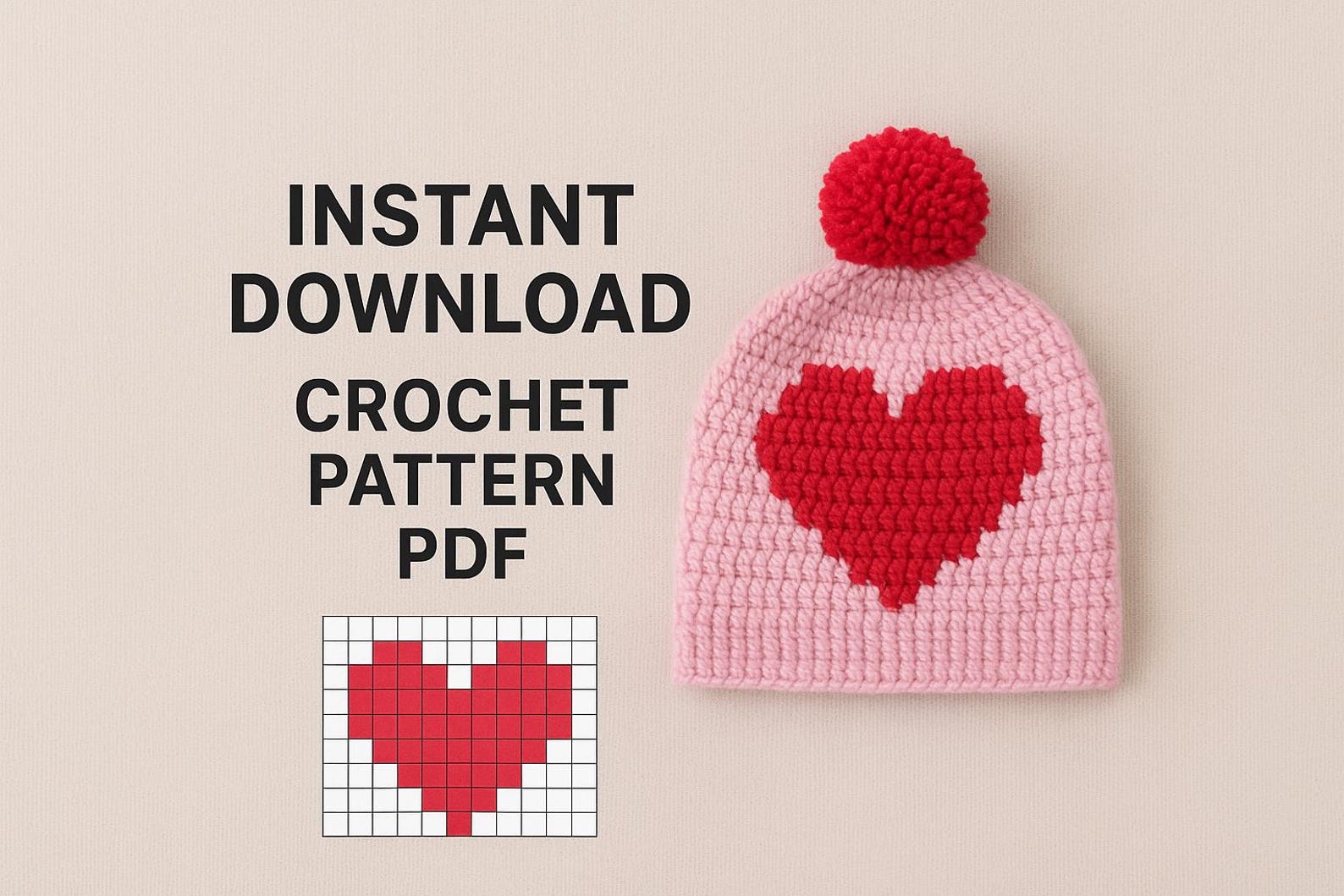 Crochet Valentine Beanie Pattern | Heart Graph Hat | Easy Tapestry ...