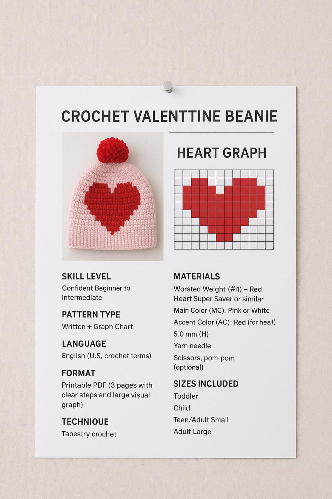 Crochet Valentine Beanie Pattern | Heart Graph Hat | Easy Tapestry ...