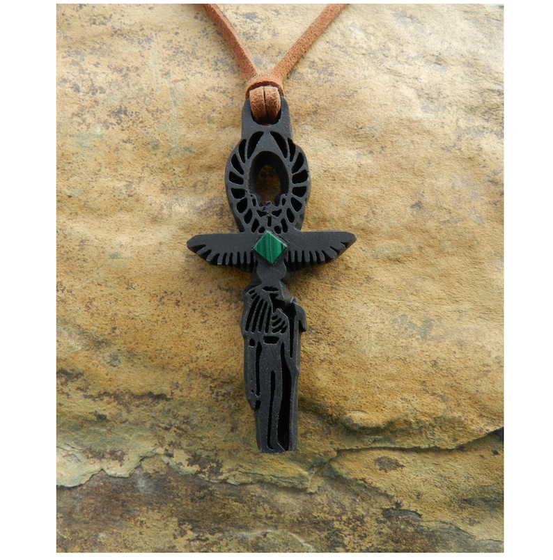 Ankh Stone carving Necklace from shungite with malachite Stone | Etsy