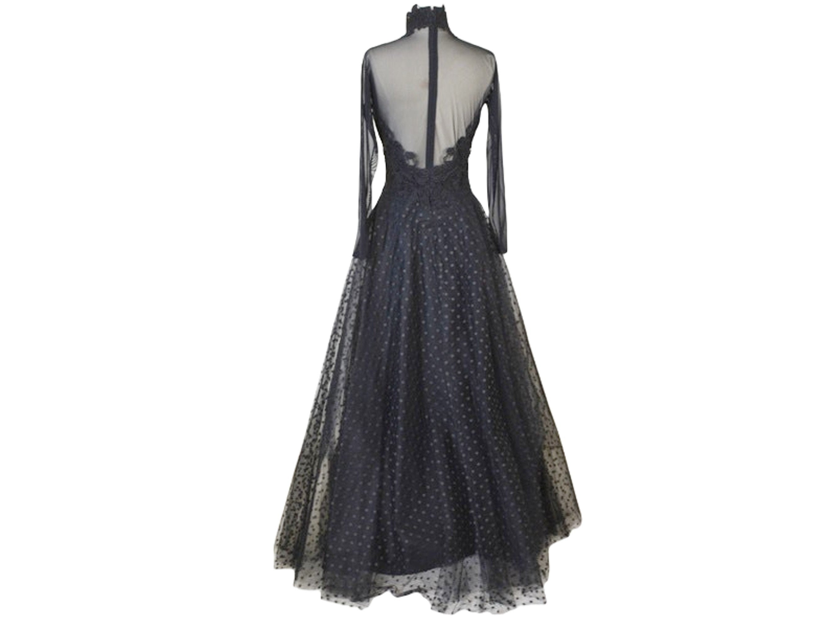Illie Rubin 1990s Wednesday Addams Black Sheer Polka Dot Goth Formal ...