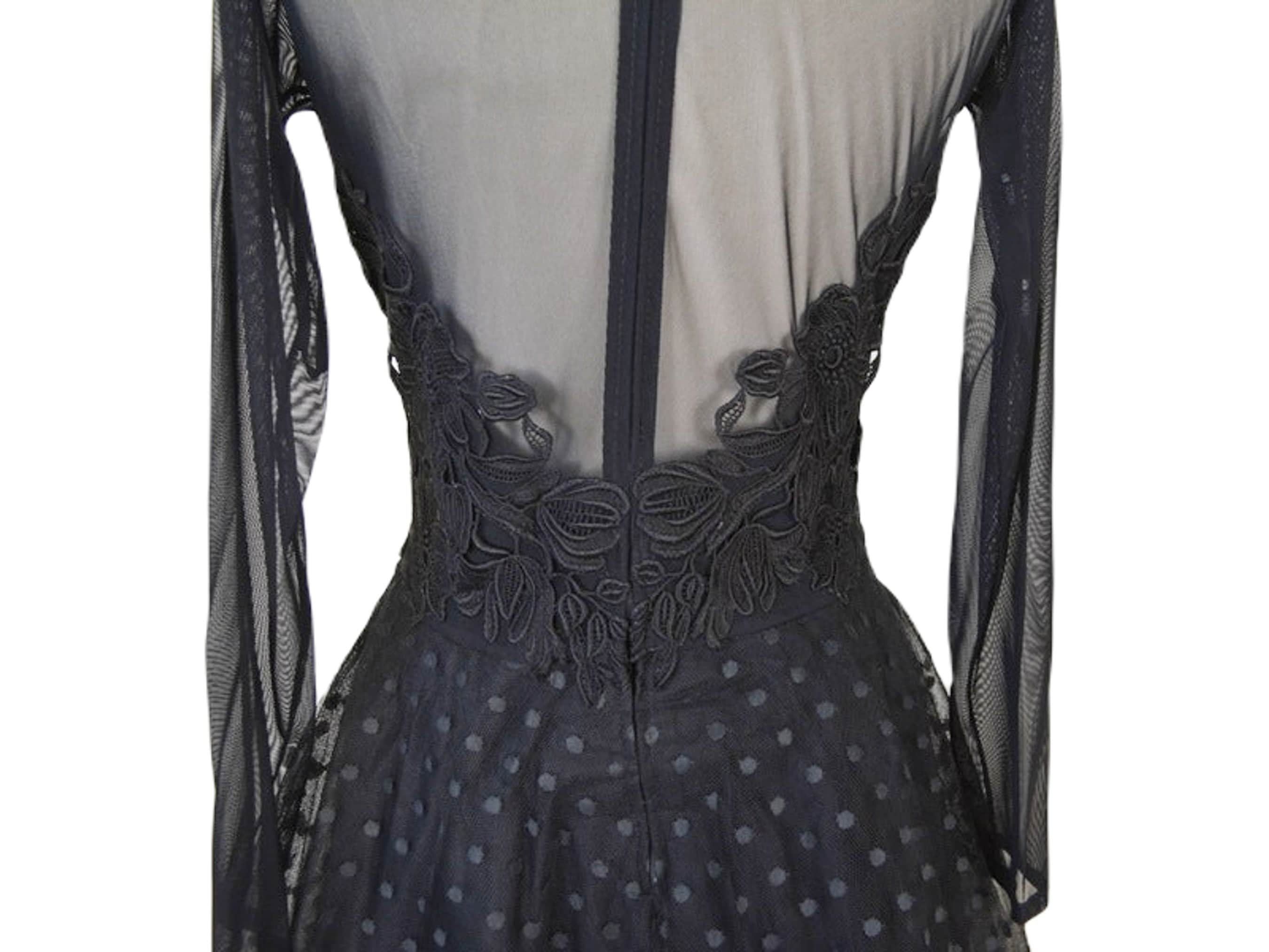 Illie Rubin 1990s Wednesday Addams Black Sheer Polka Dot Goth Formal ...