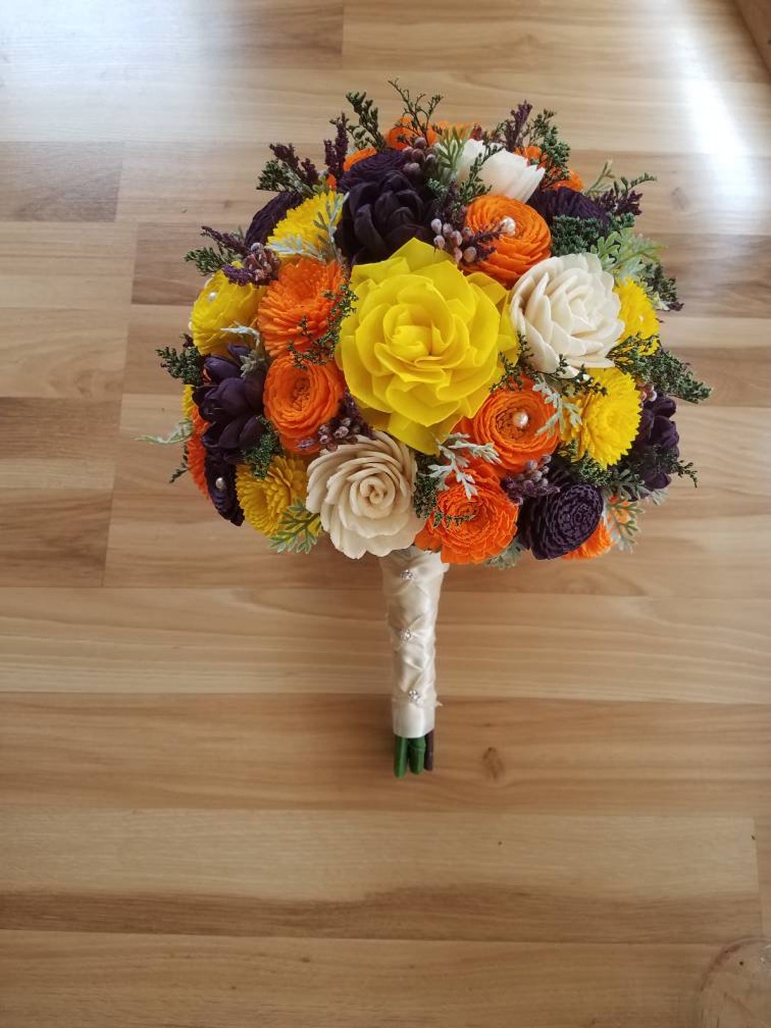 Fall Color bouquet, yellow bouquet, purple bouquet, wood bouquet, sola ...