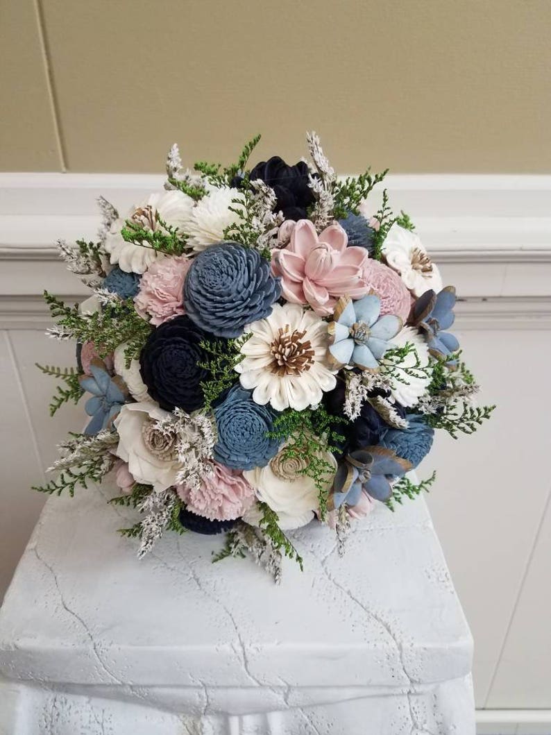 Slate Blue and Dusty Pink Large Bridal Bouquet Sola Flowers - Etsy